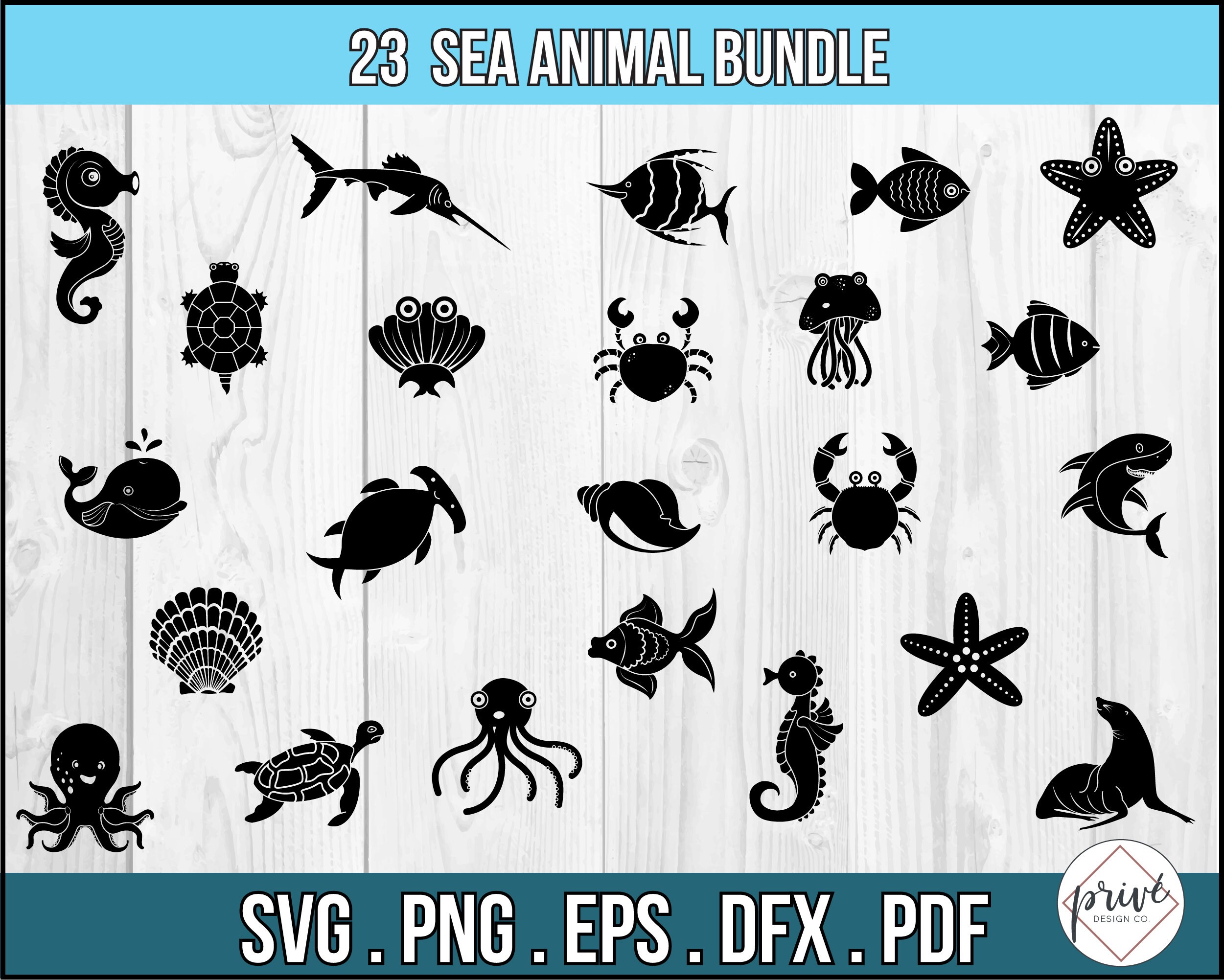 Sea Animal SVG Bundle for Octopus Shark Seahorse Star Fish Designs for ...