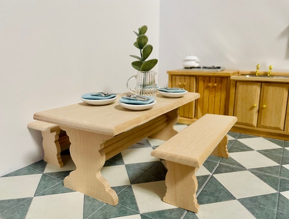 1:12 Scale Miniature DIY Unpainted 3PC Table & Bench Set | Etsy