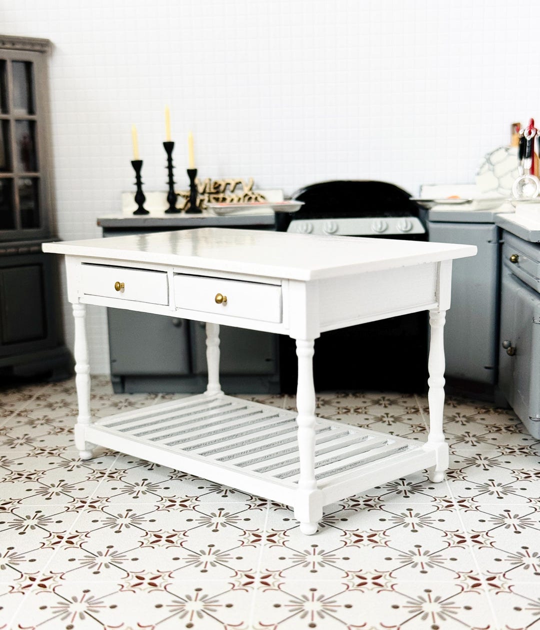 Dollhouse Miniature Kitchen Prep Table: 1/12 Scale Farmhouse Furniture ...