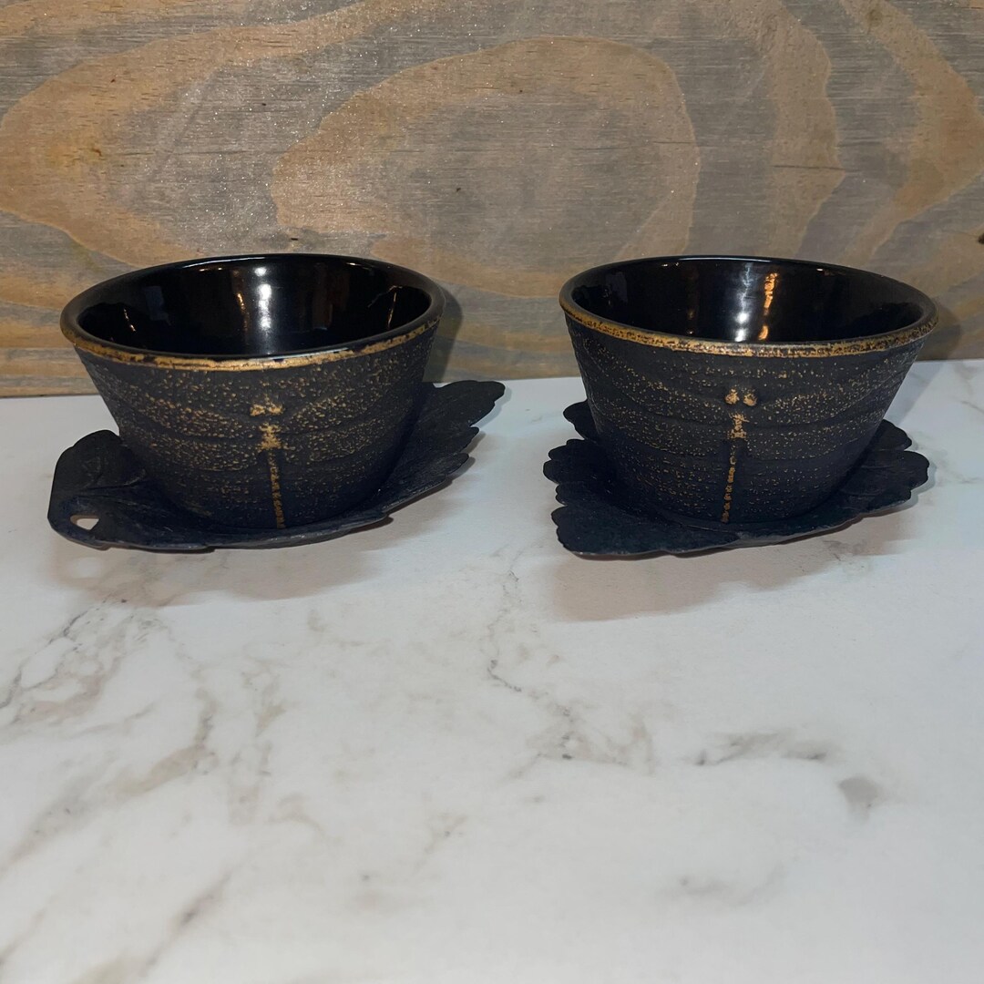 Japanese Iron Tea Cups With Dragonfly Design and Leaf Shaped Saucers - Etsy