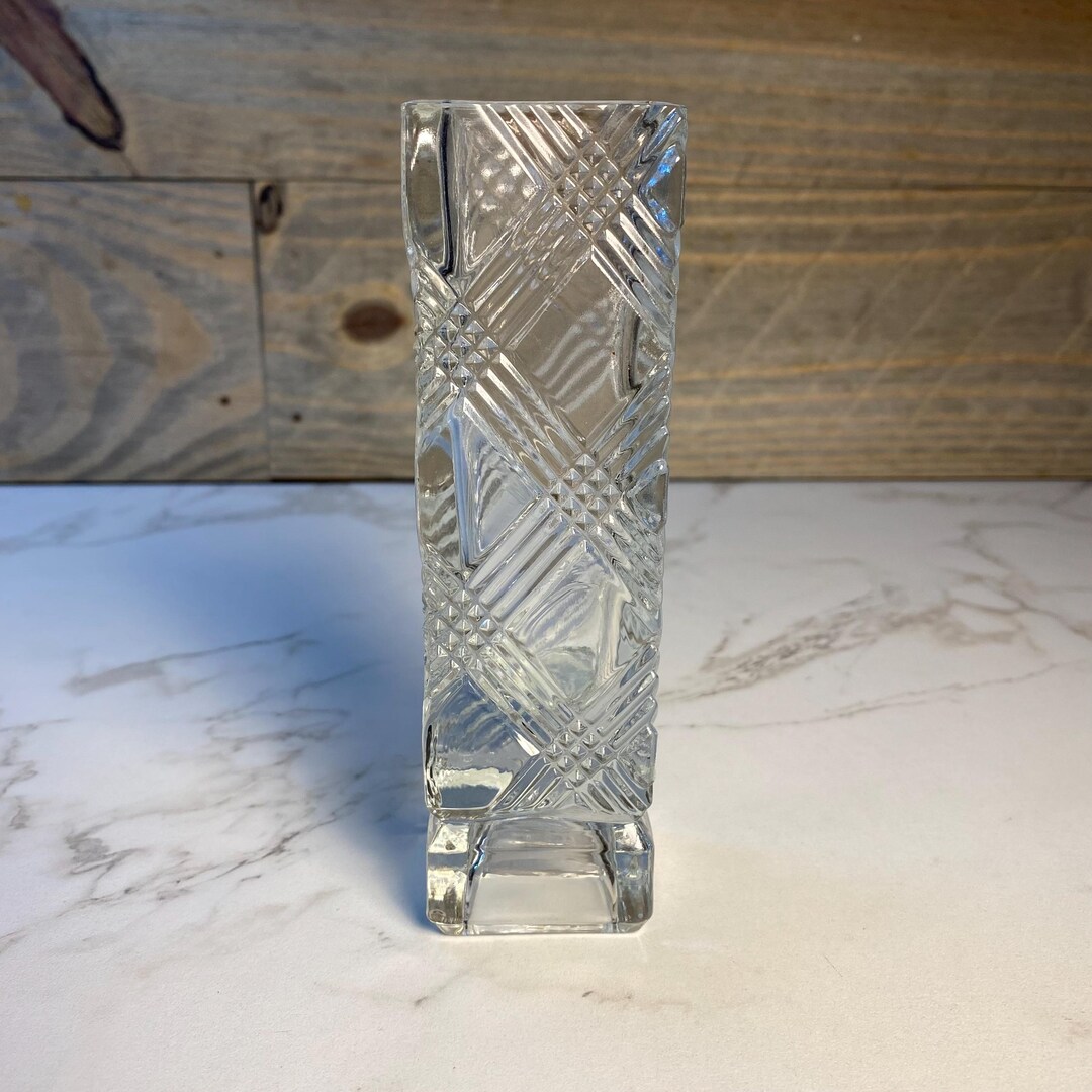Avon Fostoria Clear Cut Glass Square Bud Vase Cross Hatch Diamond ...