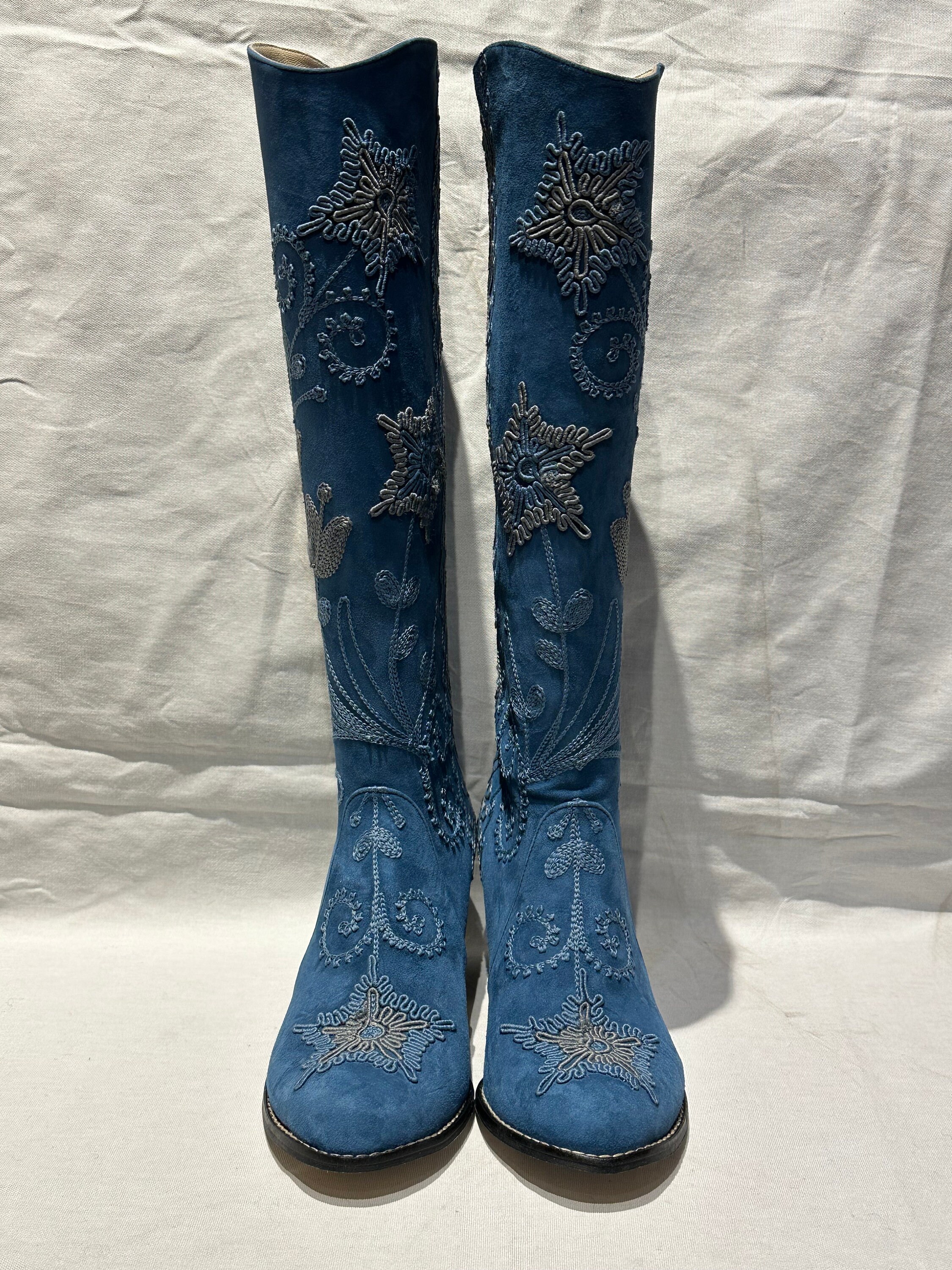 Size 7 Nubuck Leather Boots: Handmade Embroidered Knee High Boots - Etsy