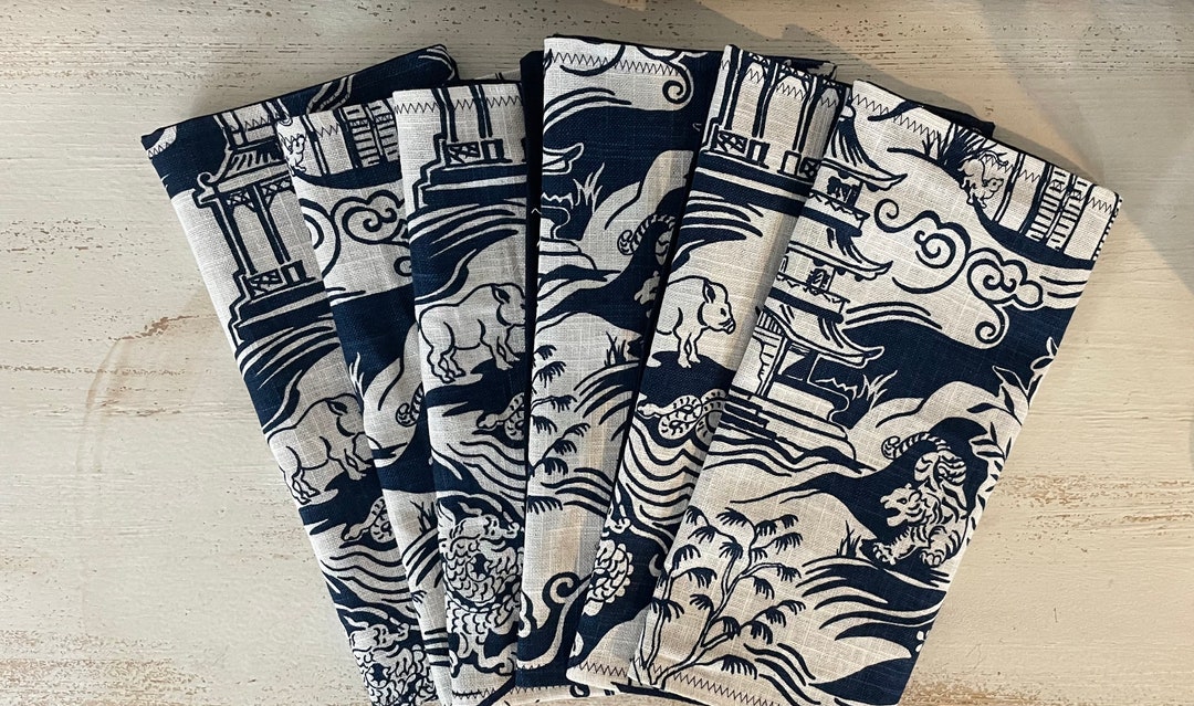 Navy Chinoiserie Animal and Pagoda Print Cloth Placemats, Chinese ...