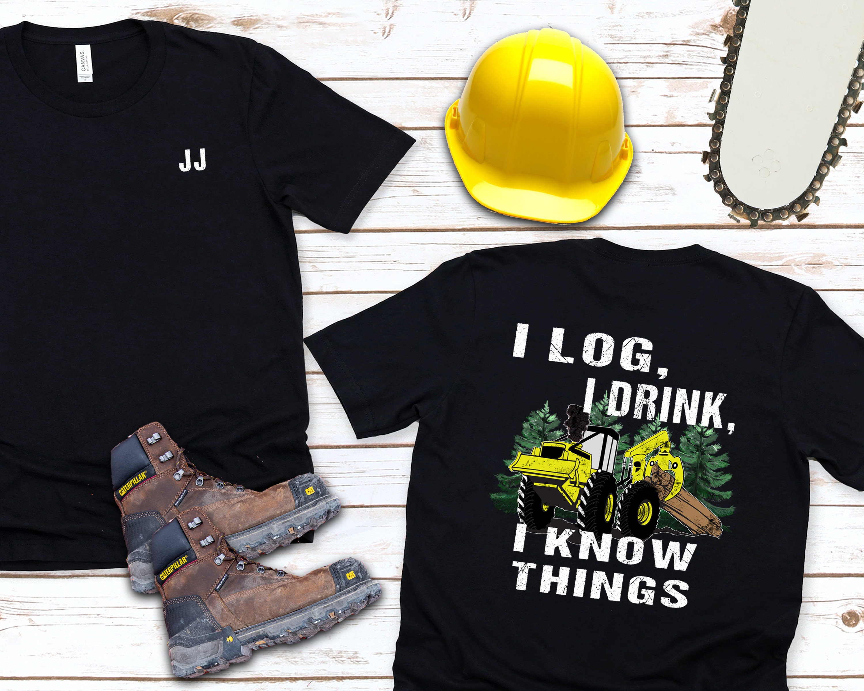 Cute Funny Logging Tshirt Front Logo Back Design Yellow Skidder Bella ...