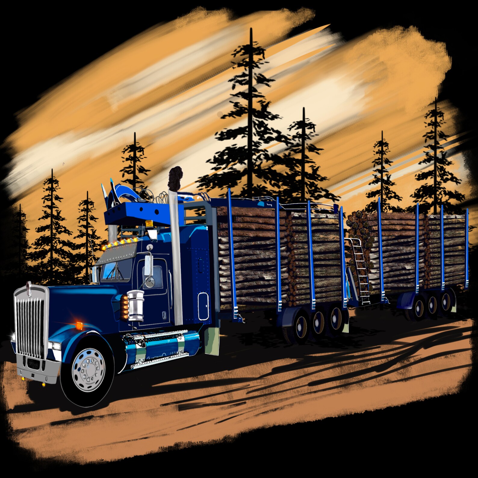 Hand-drawn Blue Multi-trailer Log Truck PNG File, 12" X 12" Sublimation ...