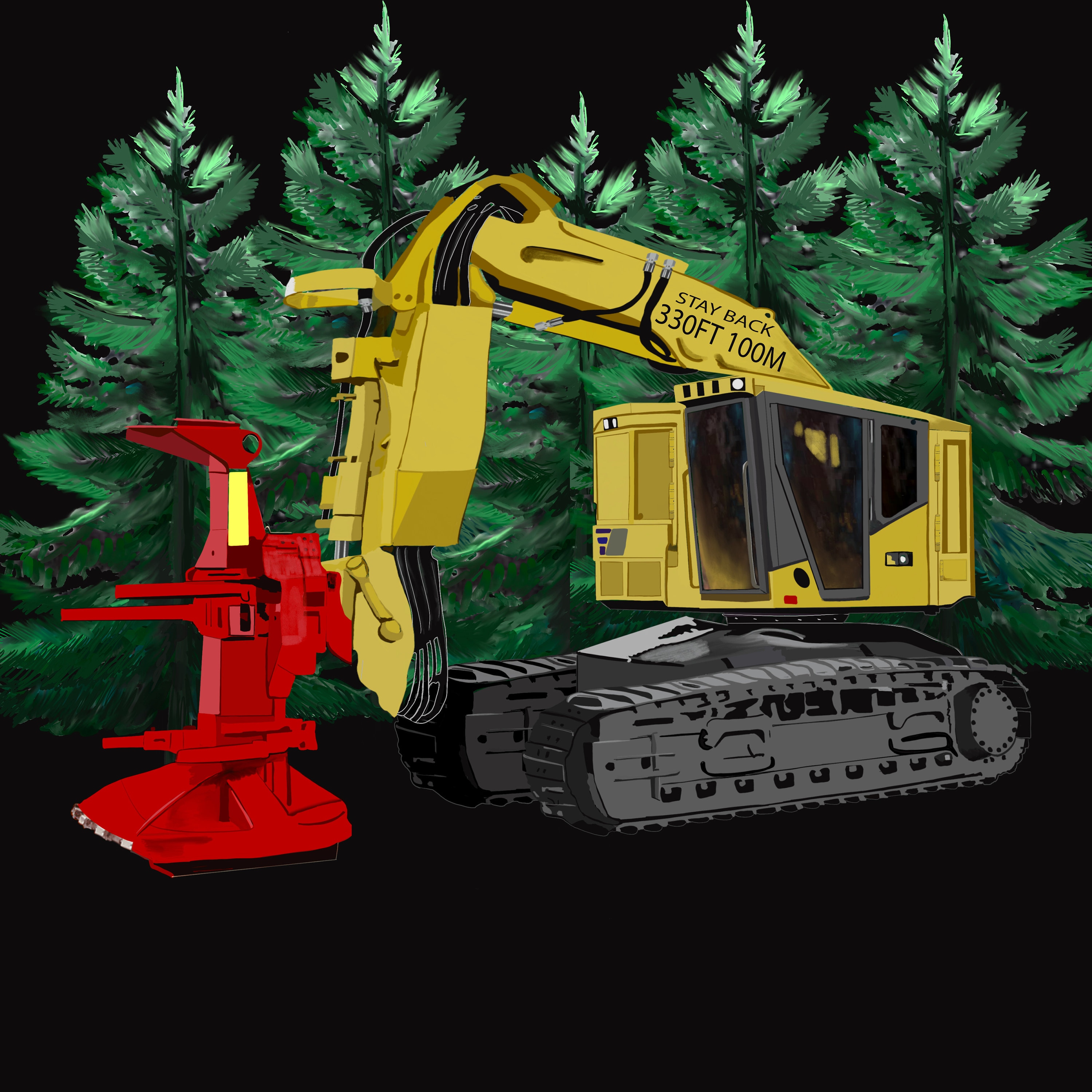 Hand-drawn Feller Buncher Print - 12x12-inch PNG - Logging Shear ...