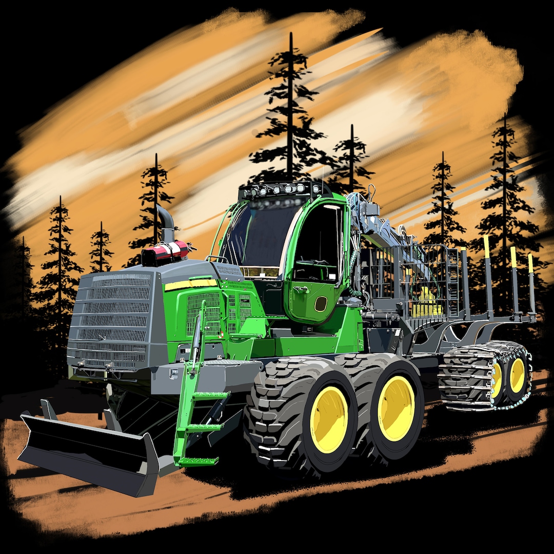 Hand-drawn Green Log Loader Wagon Logging Equipment Printable (12x12 ...