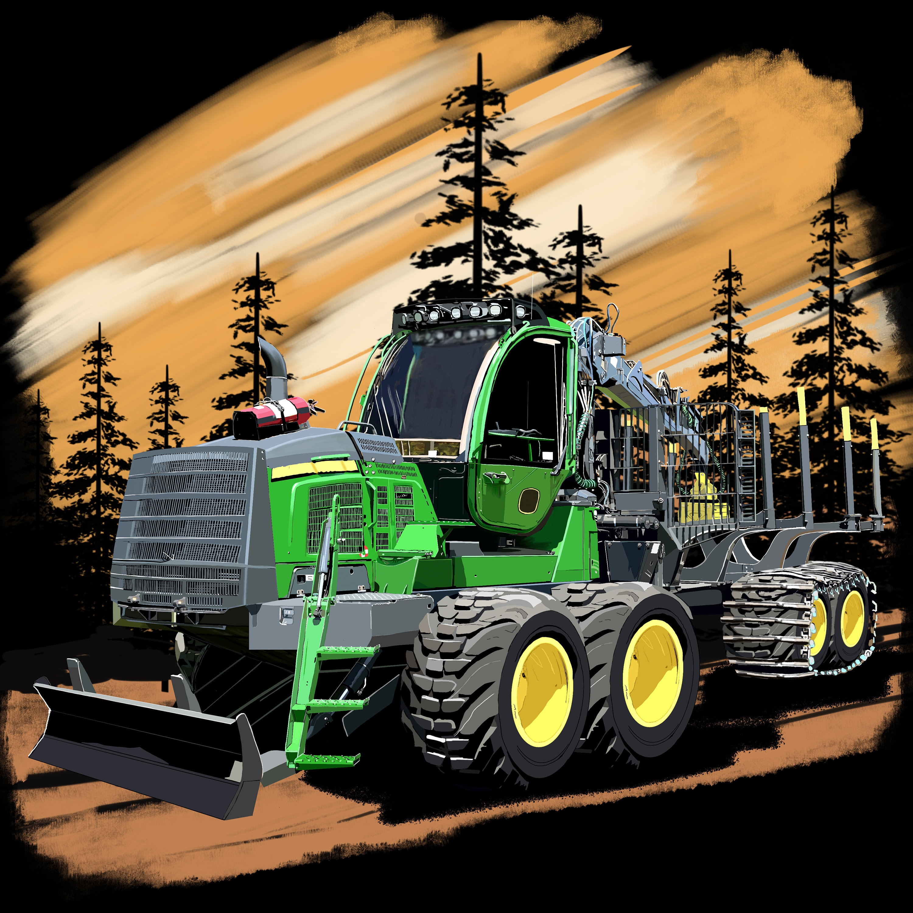 Hand-drawn Green Log Loader Wagon Logging Equipment Printable (12x12 ...