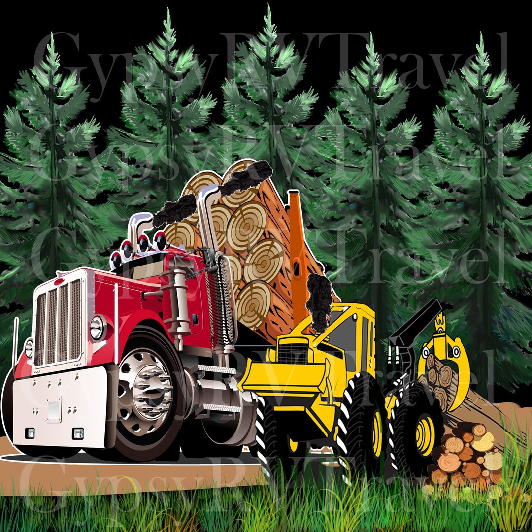 Hand-drawn Red Log Truck With Yellow Skidder - Logging Equipment ...