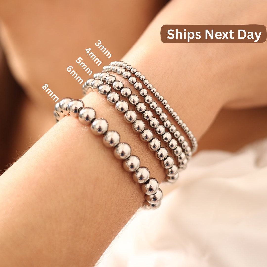 Stainless Steel Beaded Bracelets for Women Ball Stretchy Stacking ...