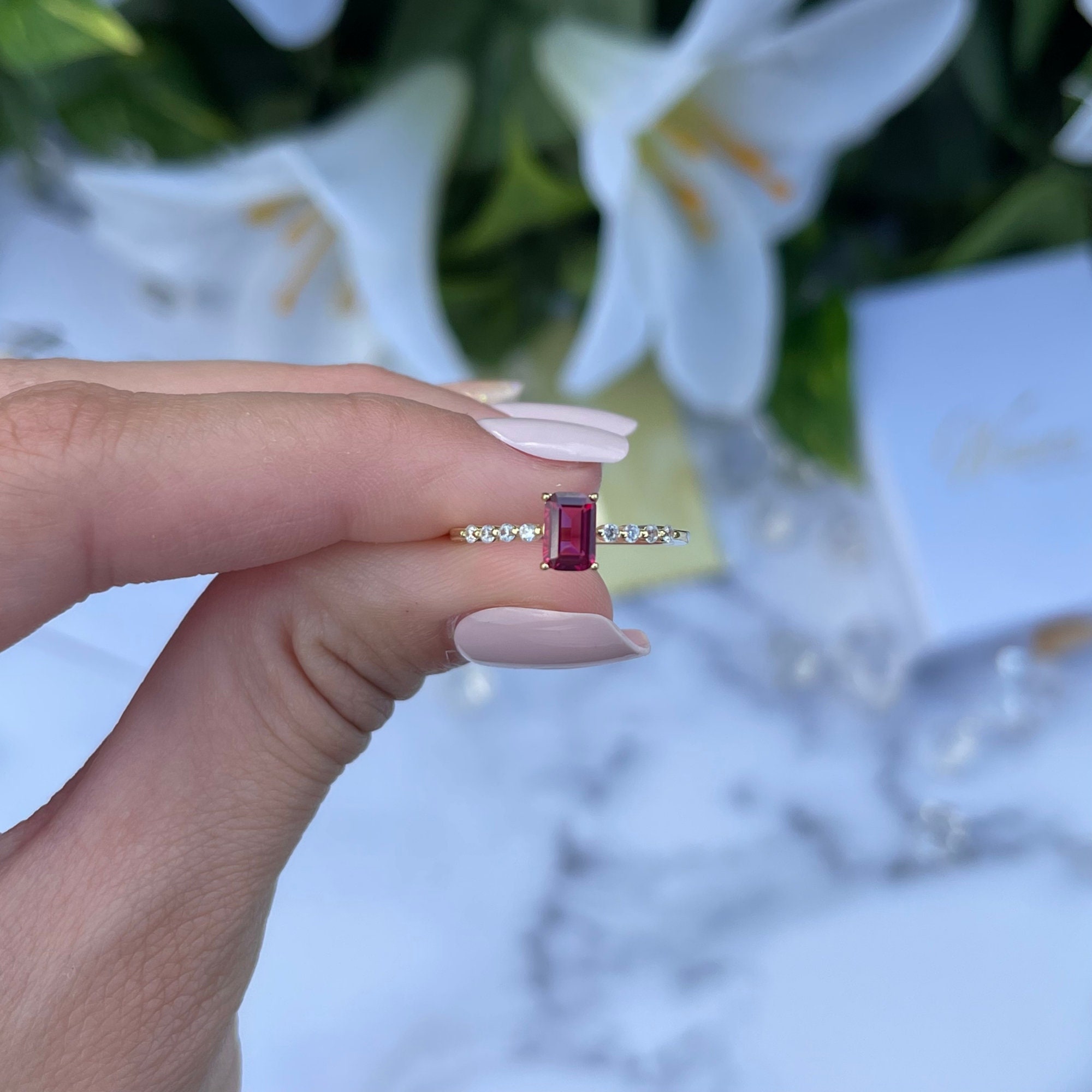 Ruby Dainty Eternity Baguette Stacking Ring Gold Minimalist | Etsy