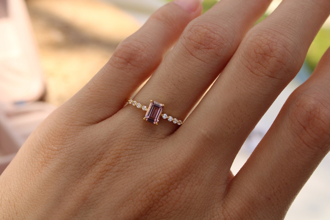 Infinity Light Pink Gemstone Ring, Dainty Baguette Stacking Ring, Gold ...