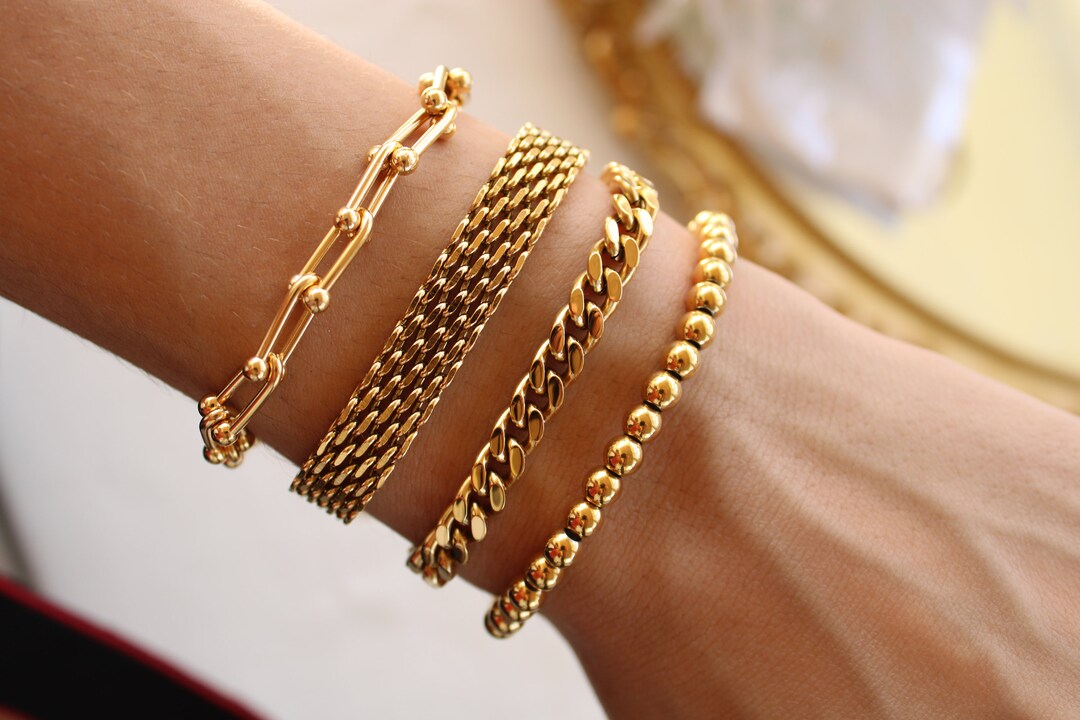 Thick 18k Gold Filled Layering Bracelet Beaded Elastic Bracelet Cuban ...
