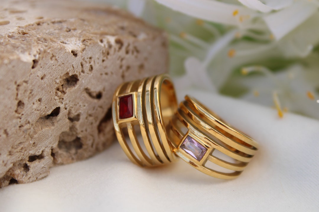 Wide Gold Ring Stackable Band Rectangle Diamond Stone Layering - Etsy