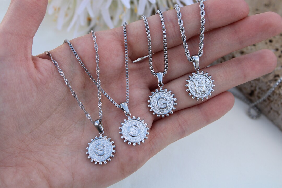 Silver Round Medallion Letter Initial Pendant Layering Necklace ...