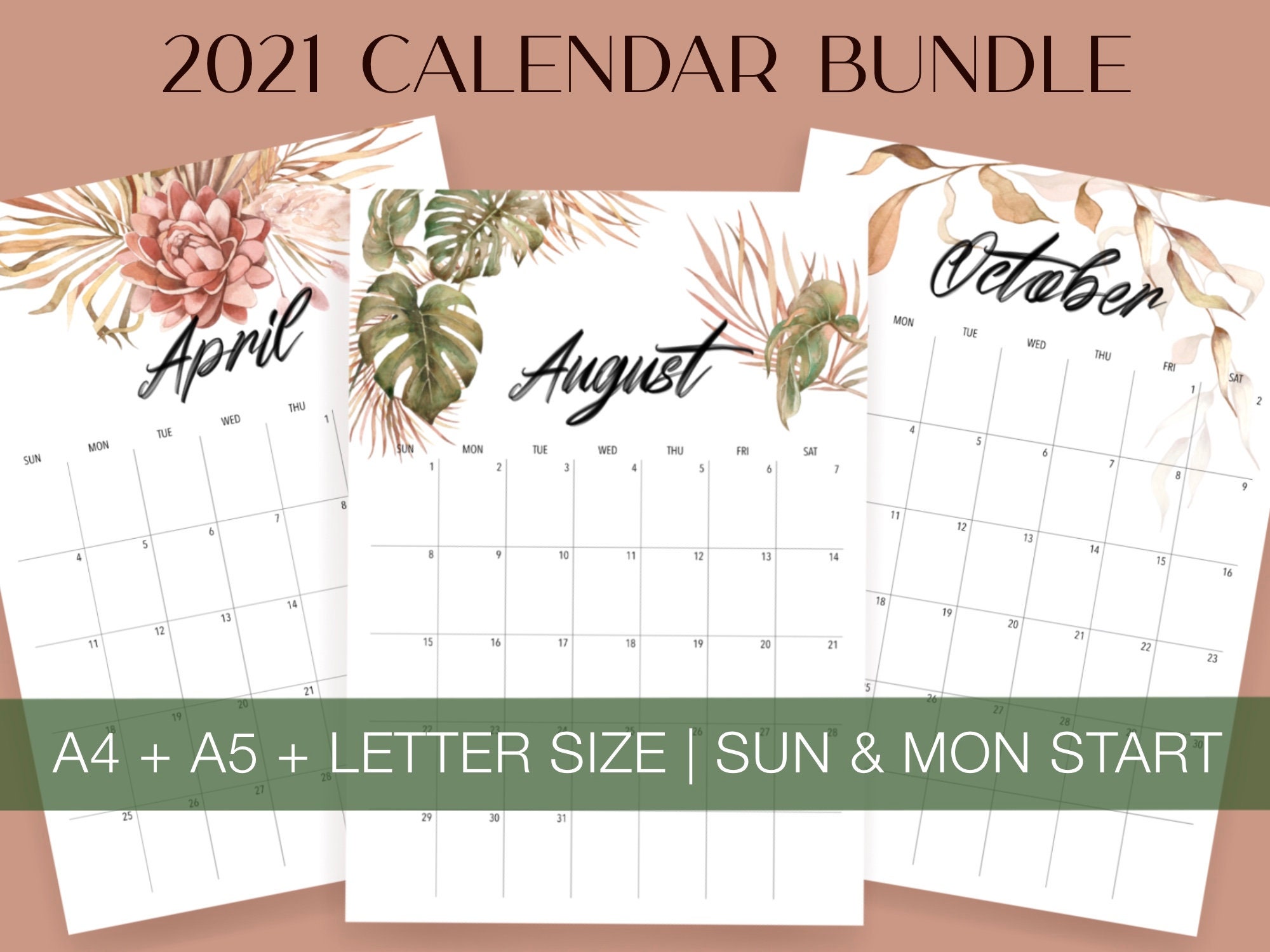 2021 Calendar Printable Desk Calendar, Boho Calendar, A4 A5 Letter Size ...