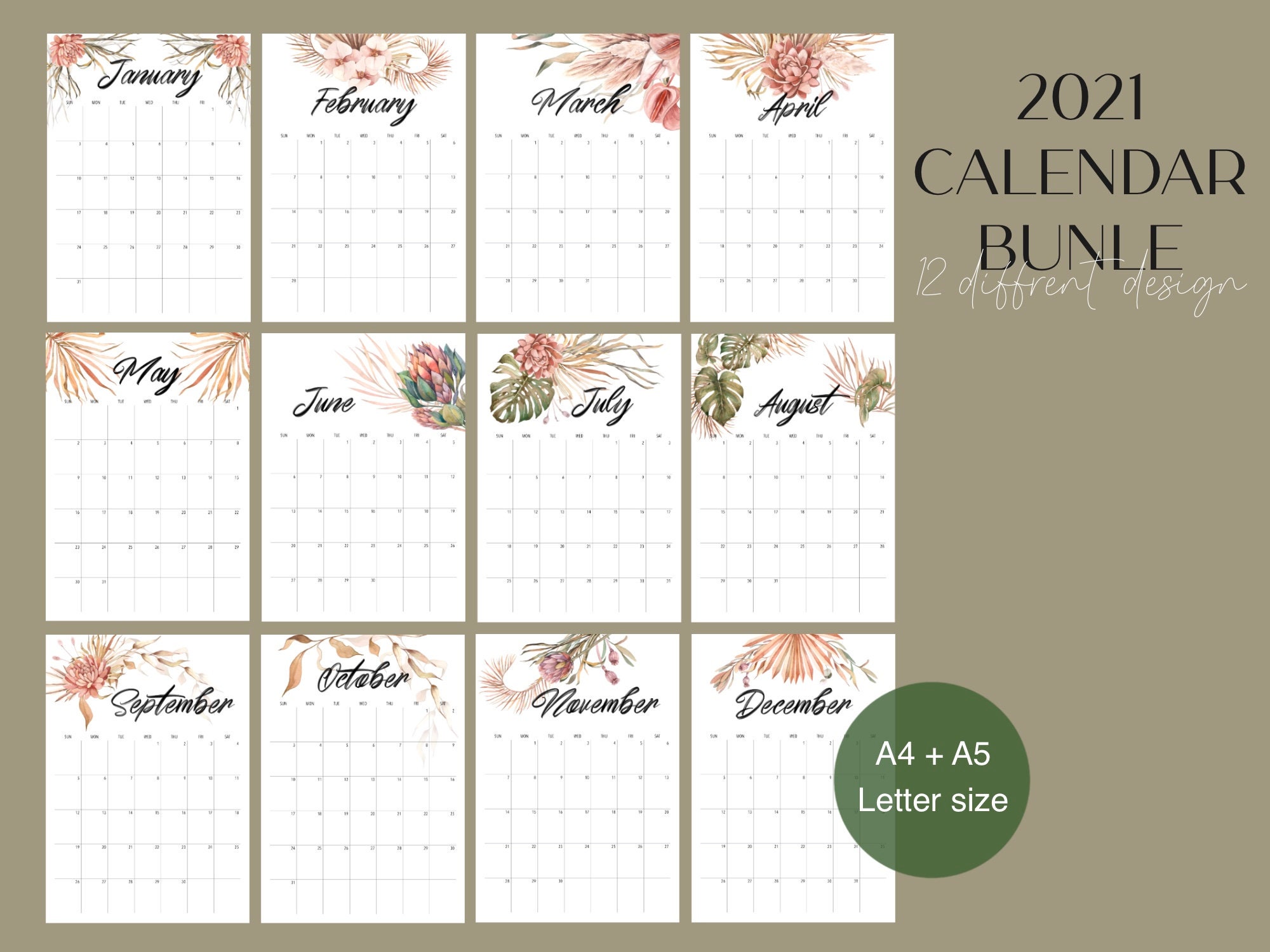 2021 Calendar Printable | Desk Calendar, Boho Calendar, A4 + A5 ...