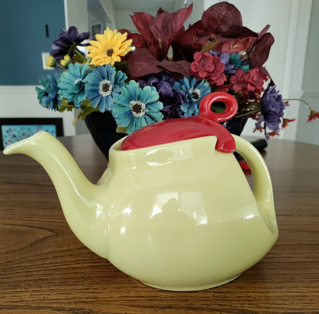 Vintage HALL China, Streamline Teapot, Hook Lid, MCM, Yellow W Red Lid ...