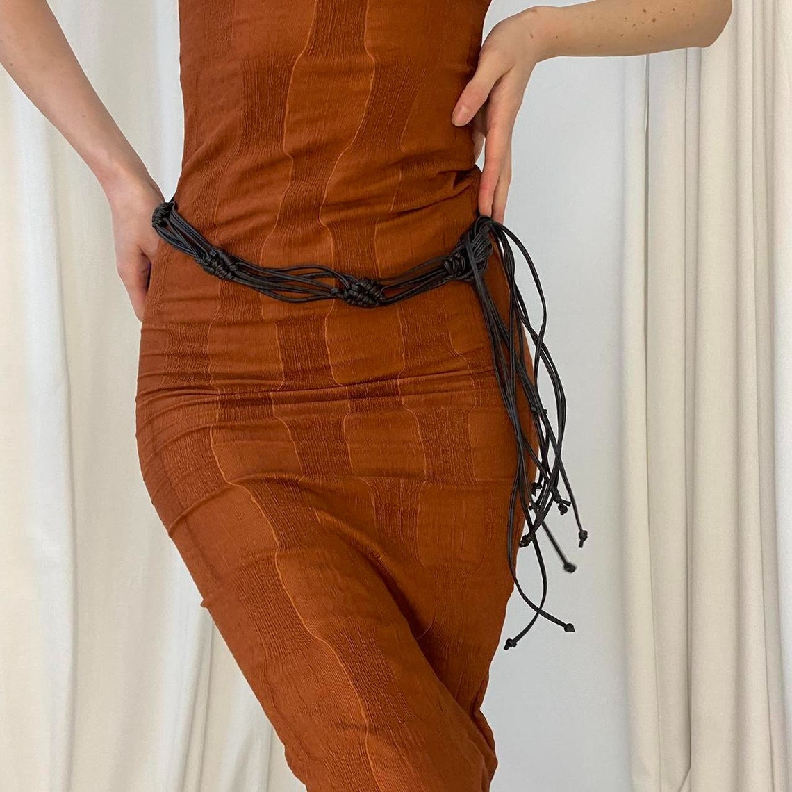 Vintage 00s Y2k Woven Macramé Boho Brown Faux Leather Tie Rope Belt ...