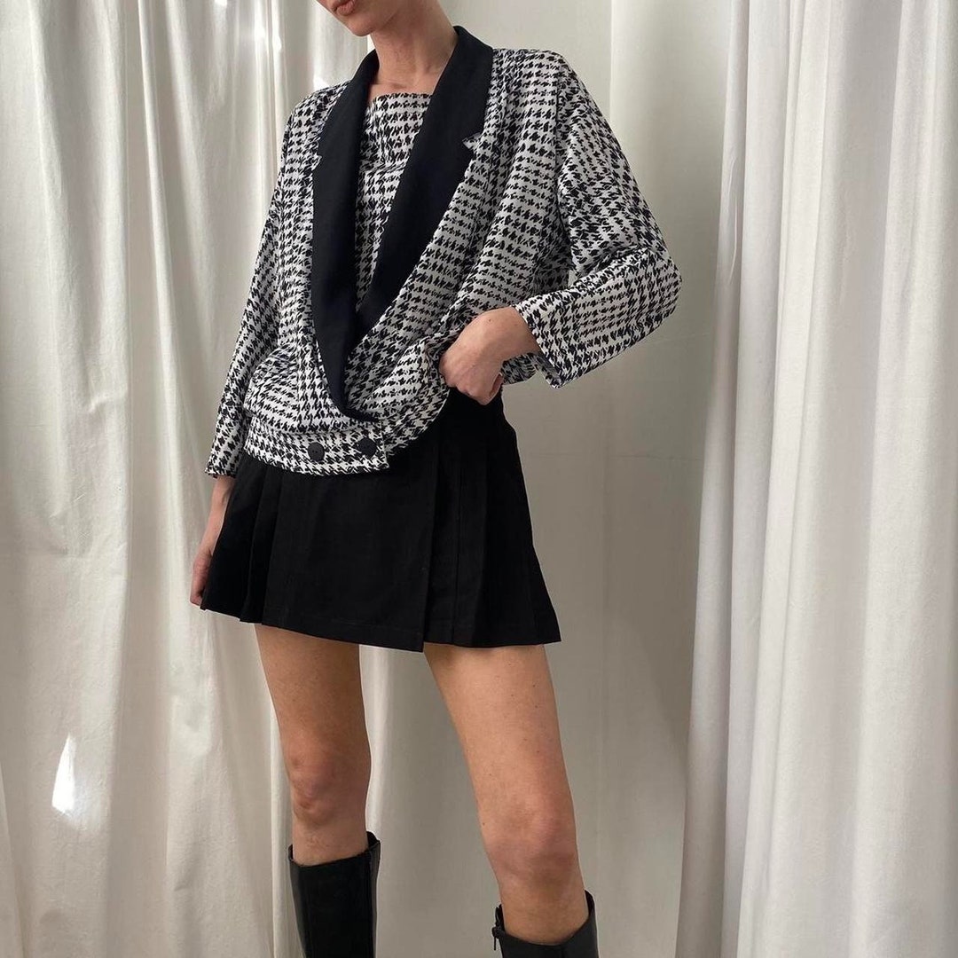 80s Oversized Black and White Dogtooth Long Sleeved Top Blouse With ...