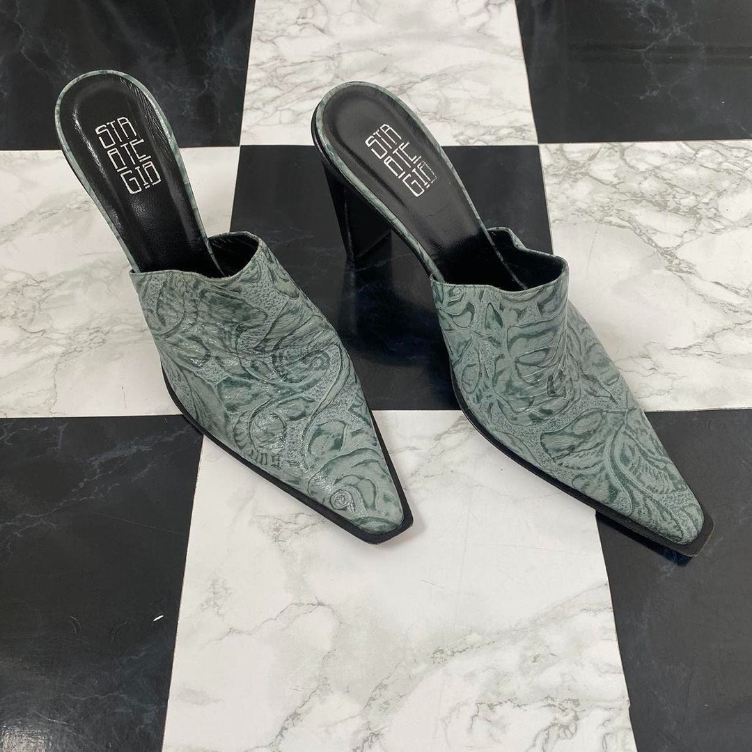 RARE Vintage Embossed Leather Western Toe Mules in Mint/teal Blue UK 6 ...