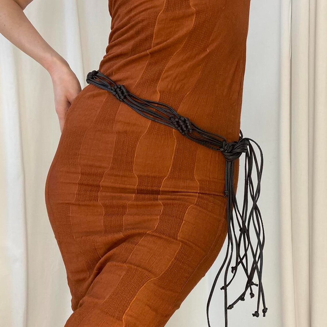 Vintage 00s Y2k Woven Macramé Boho Brown Faux Leather Tie Rope Belt ...