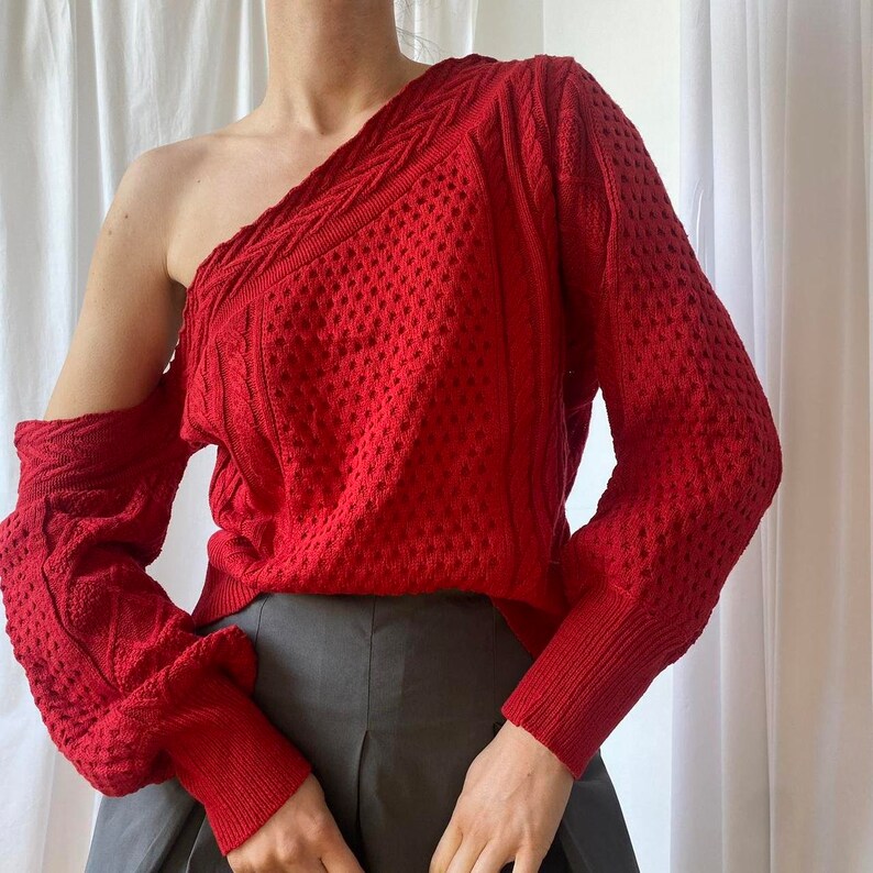Vintage 00s Y2k Red One / off Shoulder Long Sleeve Cable Knit Sweater Jumper With Asymmetric ...