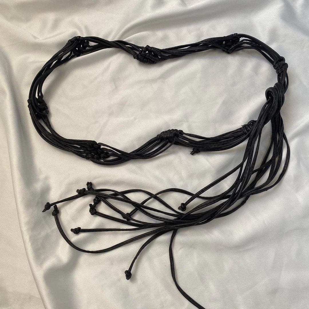 Vintage 00s Y2k Woven Macramé Boho Brown Faux Leather Tie Rope Belt ...