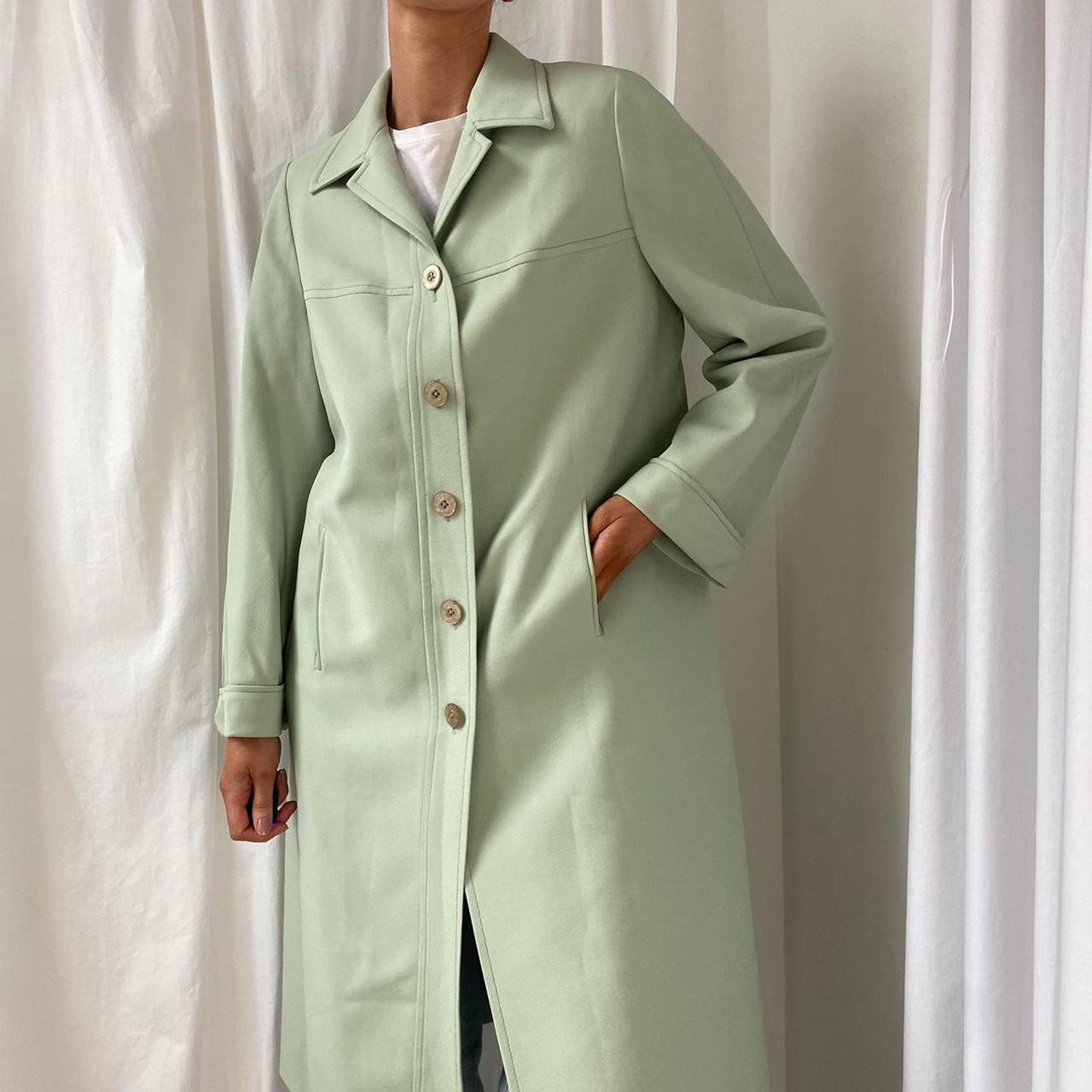 Vintage Minty Pastel Green Long Trench Coat Mac Duster With Pearl ...