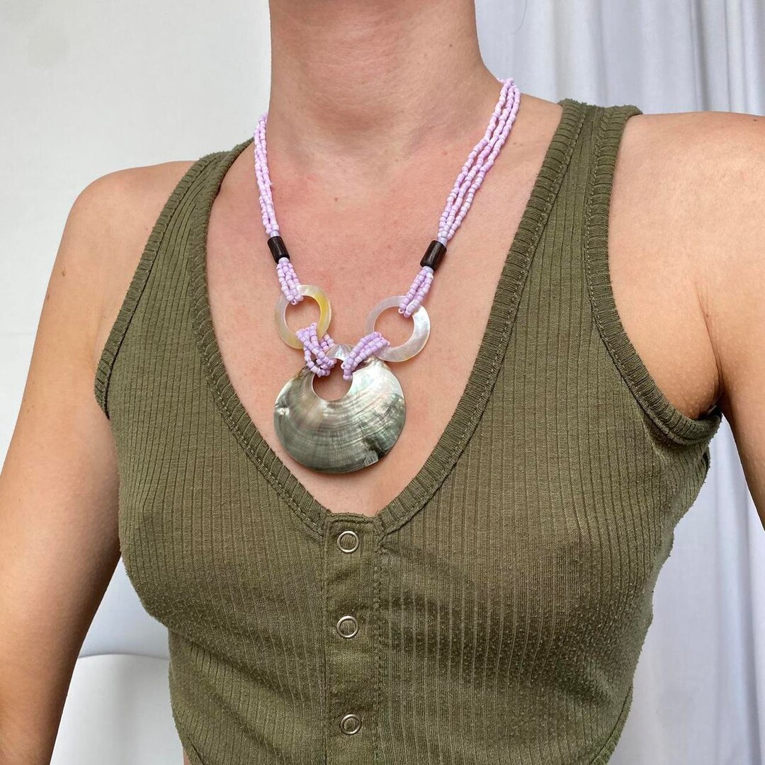 Vintage 00s Y2k Chunky Beachy Boho Shell Disc Pendant Purple Lilac ...