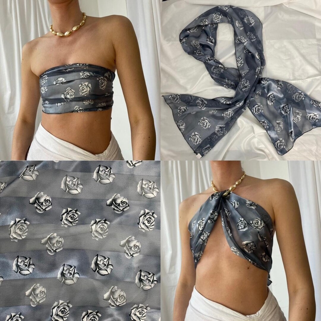 Vintage Long Semi Sheer Stripe Grey and Black Floral Pattern Neck Scarf/bag Tie/scarf Top ...