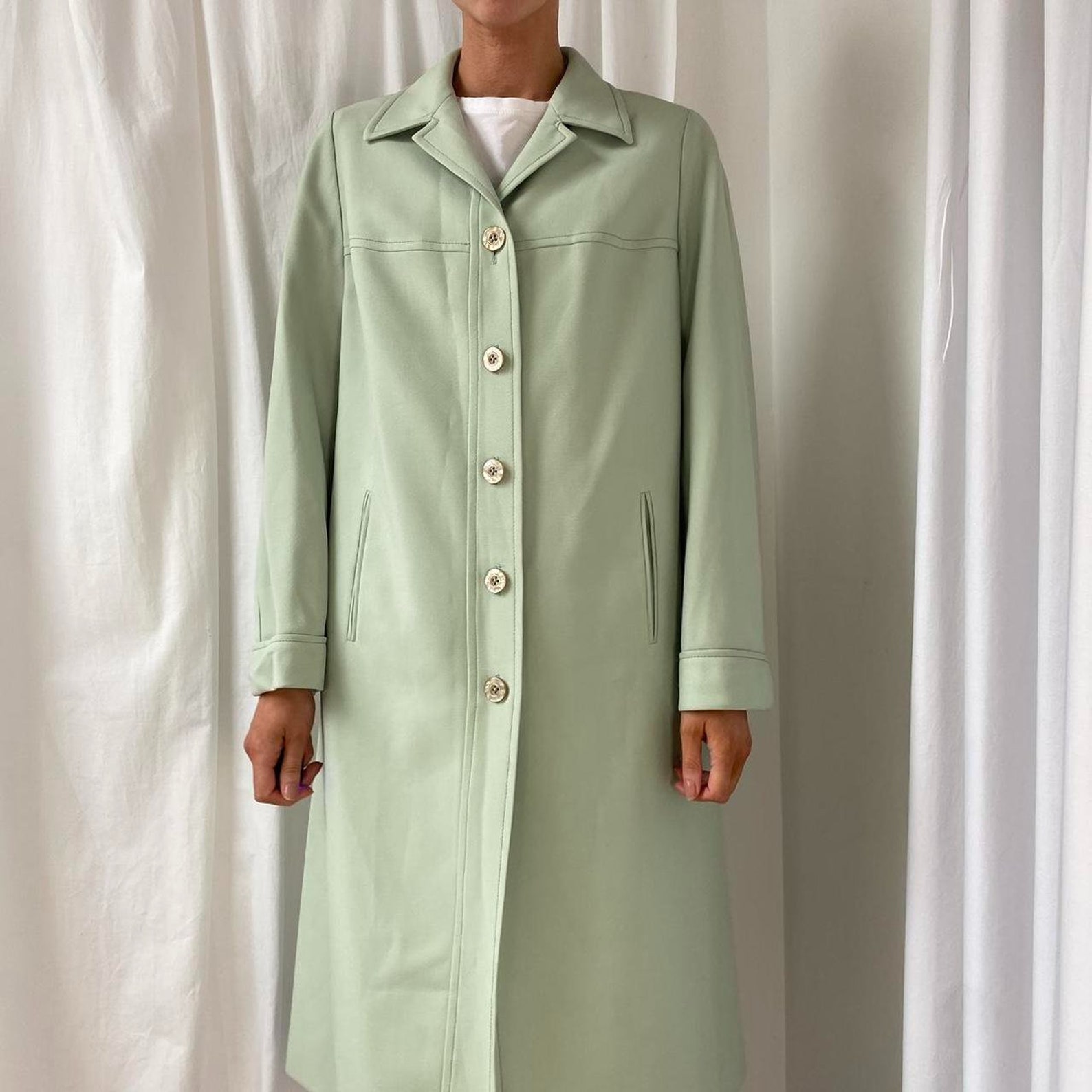 Vintage Minty Pastel Green Long Trench Coat Mac Duster With Pearl ...