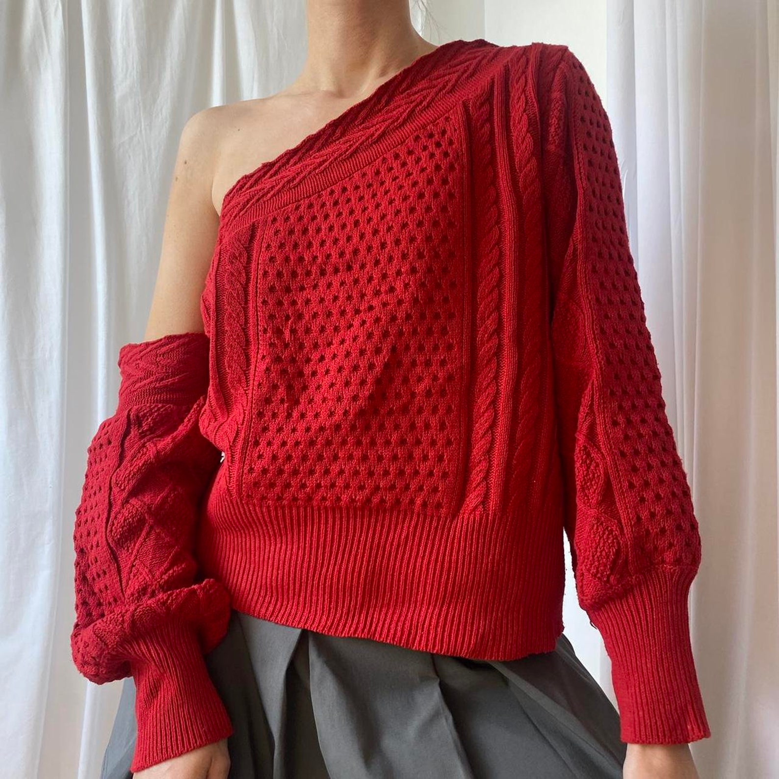 Vintage 00s Y2k Red One / off Shoulder Long Sleeve Cable Knit Sweater ...
