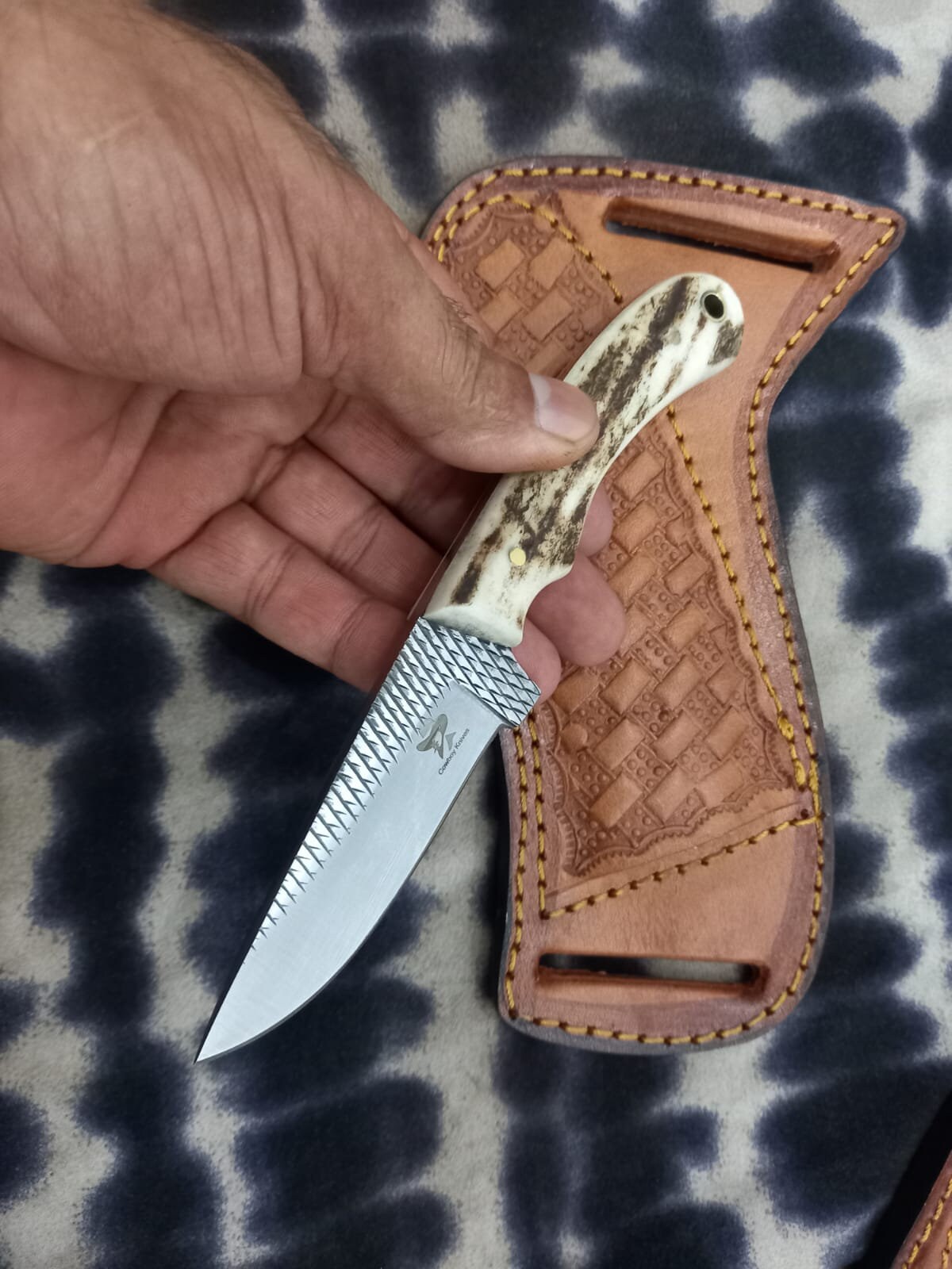 Handmade Farrier Rasp Skinner Knife, Stag Horn Handle, Leather Sheath ...