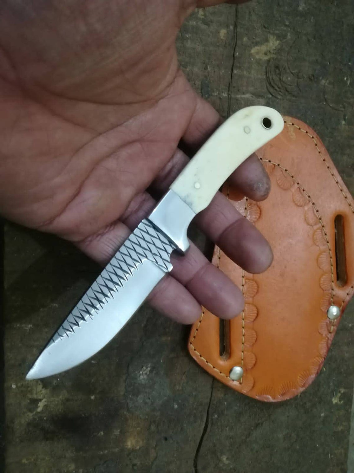 Handmade Farrier Rasp Steel Cowboy Knife, Bone Handle, Leather Sheath ...