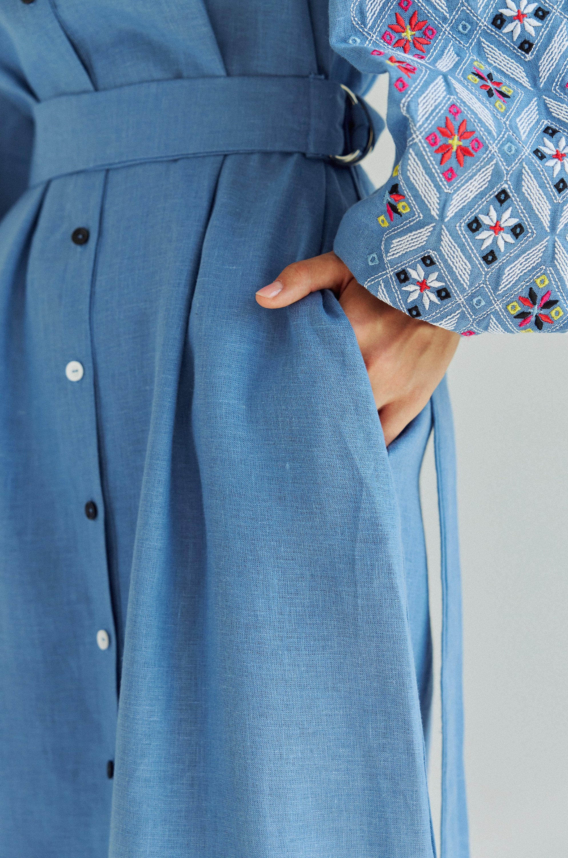 Dusty Blue Embroidered Linen Shirt Dress With Puffy Sleeves. - Etsy