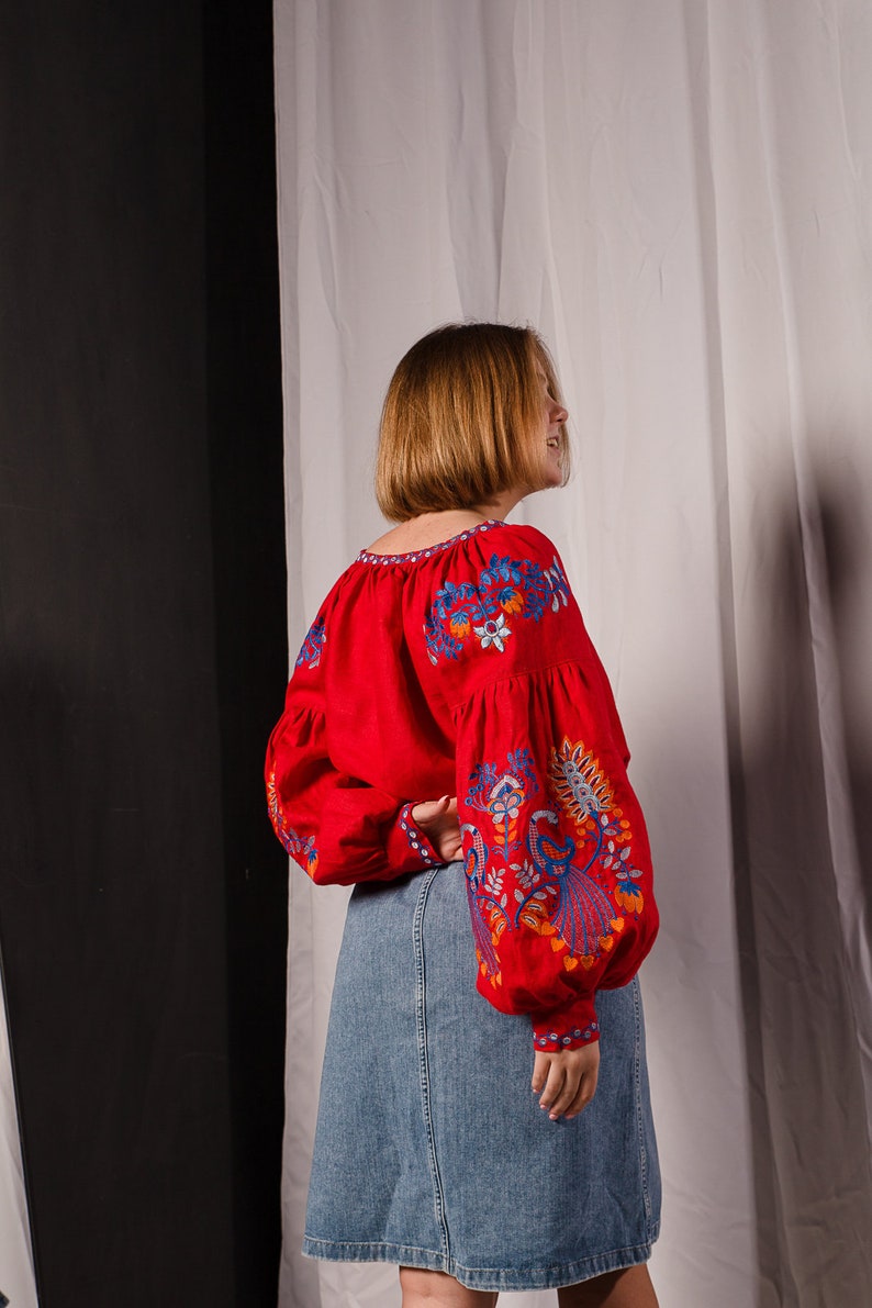 Red Peasant Blouse With Embroidered Peacocks. Ukrainian Blouse - Etsy