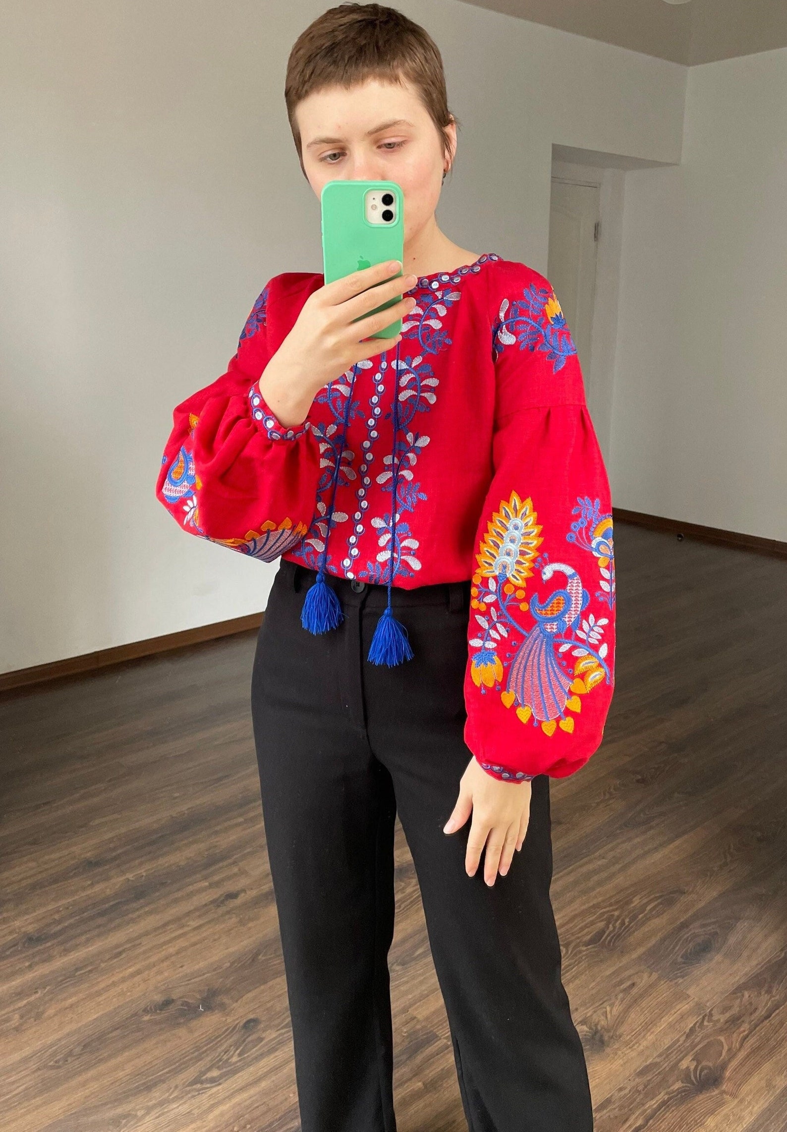 Red Peasant Blouse With Embroidered Peacocks. Ukrainian Blouse - Etsy