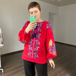 Red Peasant Blouse With Embroidered Peacocks. Ukrainian Blouse - Etsy
