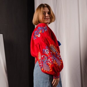 Red Peasant Blouse With Embroidered Peacocks. Ukrainian Blouse - Etsy