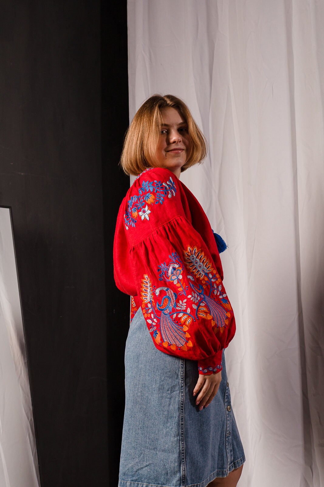 Red peasant blouse with embroidered peacocks. Ukrainian | Etsy