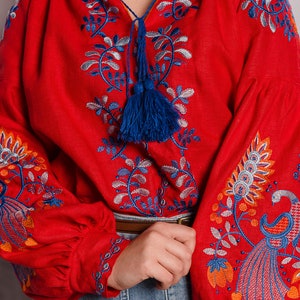 Red Peasant Blouse With Embroidered Peacocks. Ukrainian Blouse - Etsy