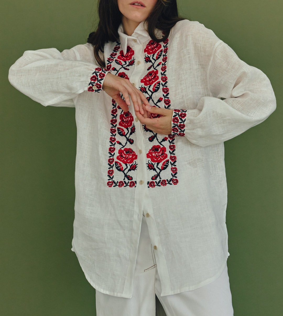 Oversized Linen Collar Shirt With Floral Cross-stitched Embroidery for ...