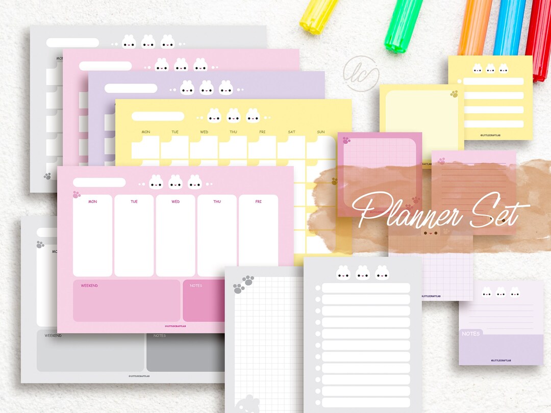 Cute Rabbit Planner Set Notepad Memo Sheet Calendar Weekly Plan Digital ...