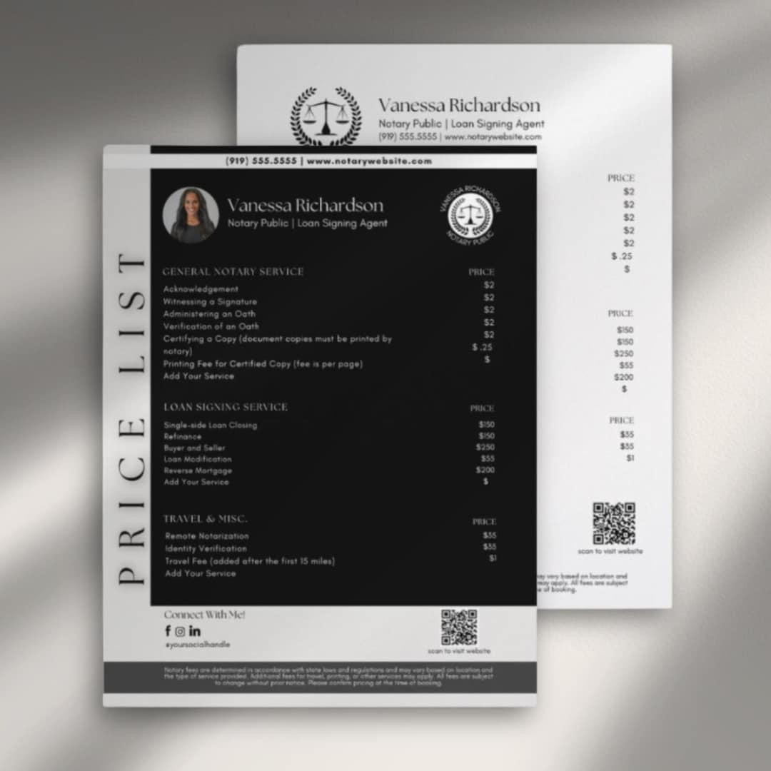Modern Photo Notary Price List Template Bundle, Minimal Notary Pricing ...