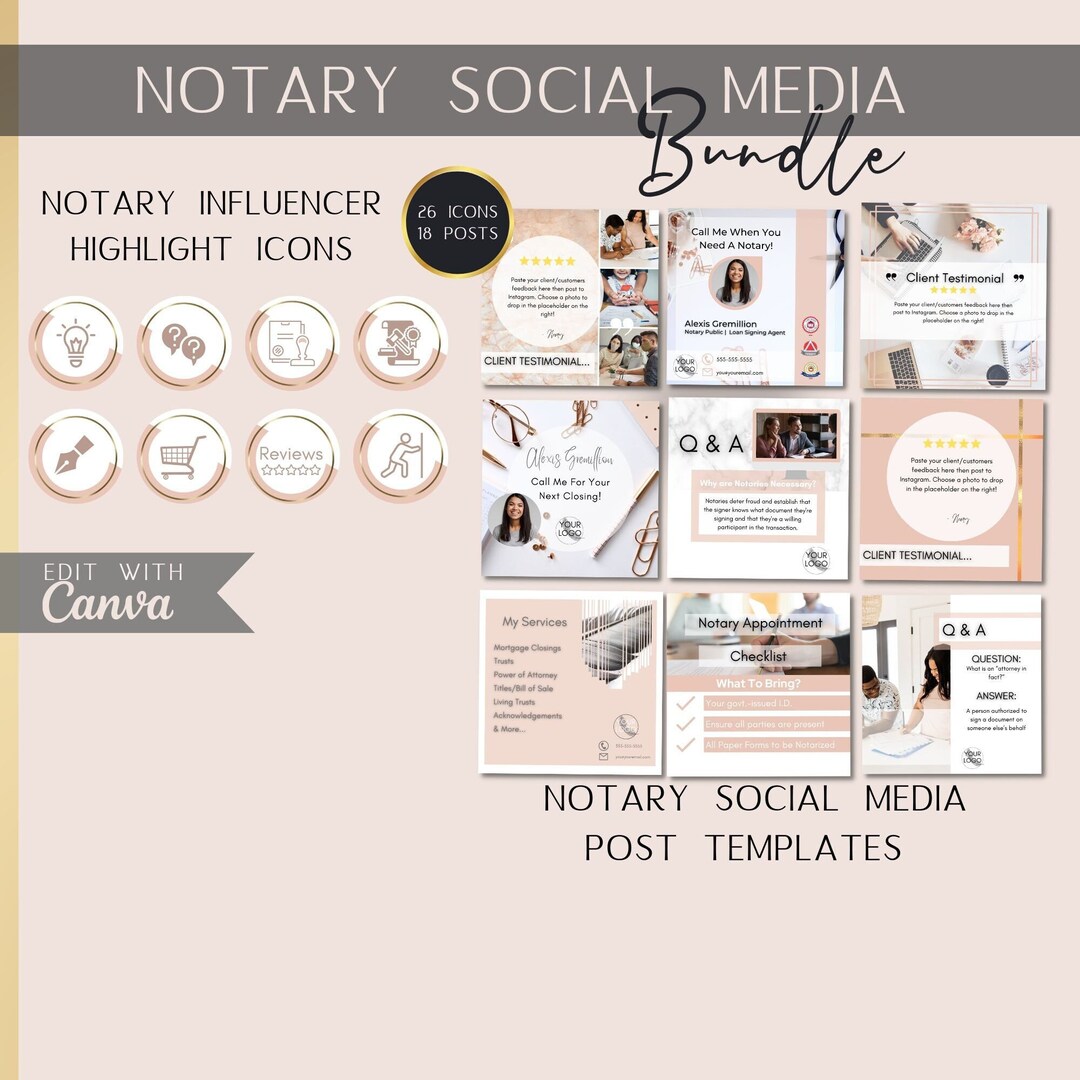 Notary Social Media Post Bundle, Notary Instagram Templates Pink & Gold ...