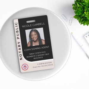 Black & Pink Modern Notary ID Badge Template, Editable Loan Signing ...