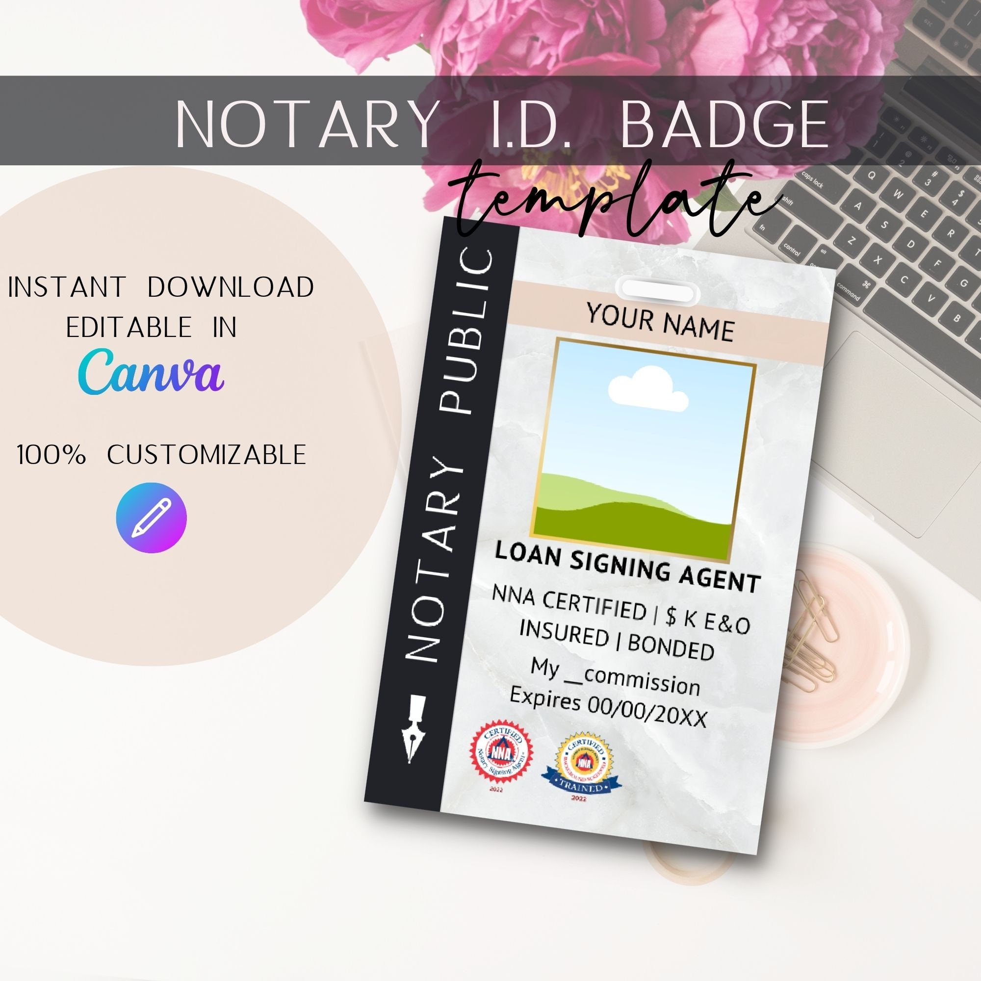 Notary Badge Template, Editable Loan Signing Agent Badge TEMPLATE ...