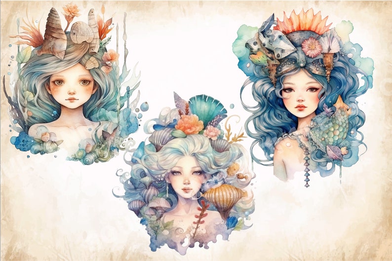 Watercolor Cute Mermaid Clipart Mermaid PNG Bundle Under the - Etsy