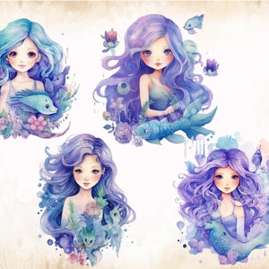Watercolor Cute Mermaid Clipart, Mermaid PNG Bundle, Under the Sea ...